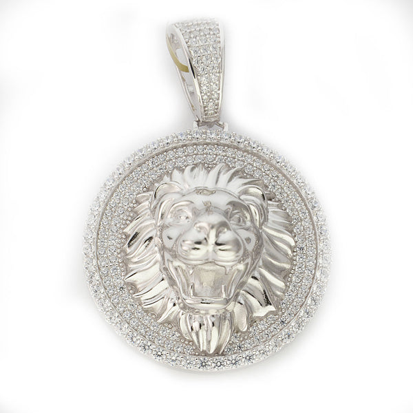 Simulated Diamond Silver Lion Head Bling Bling Pendant - Iced Out Customs